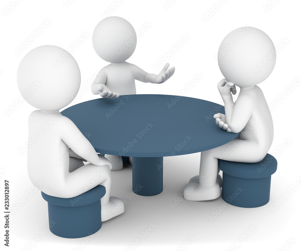 Stock-Illustration „3D Illustration weiße Männchen Gespräch am runden ...