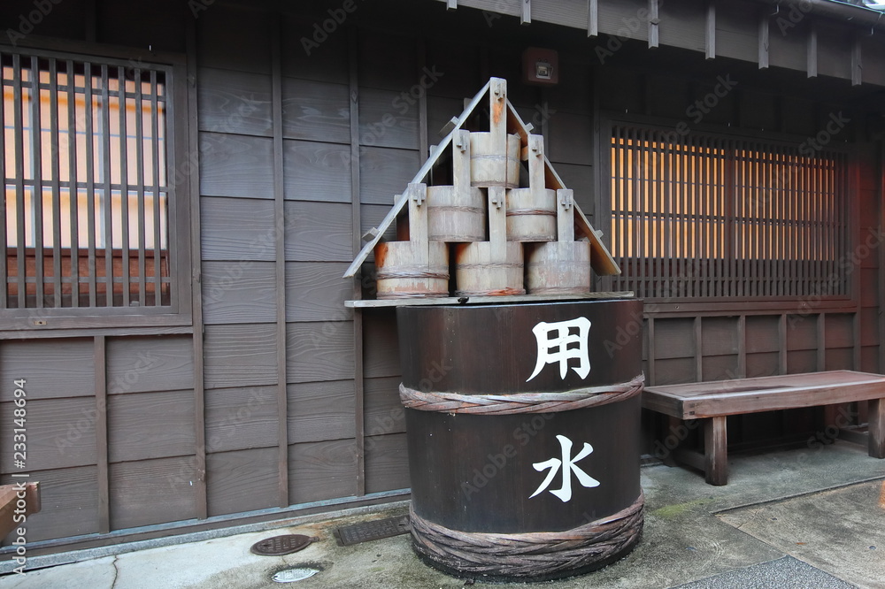 Traditional Japanese wooden water tank at Okage yokocho Ise city Japan ...