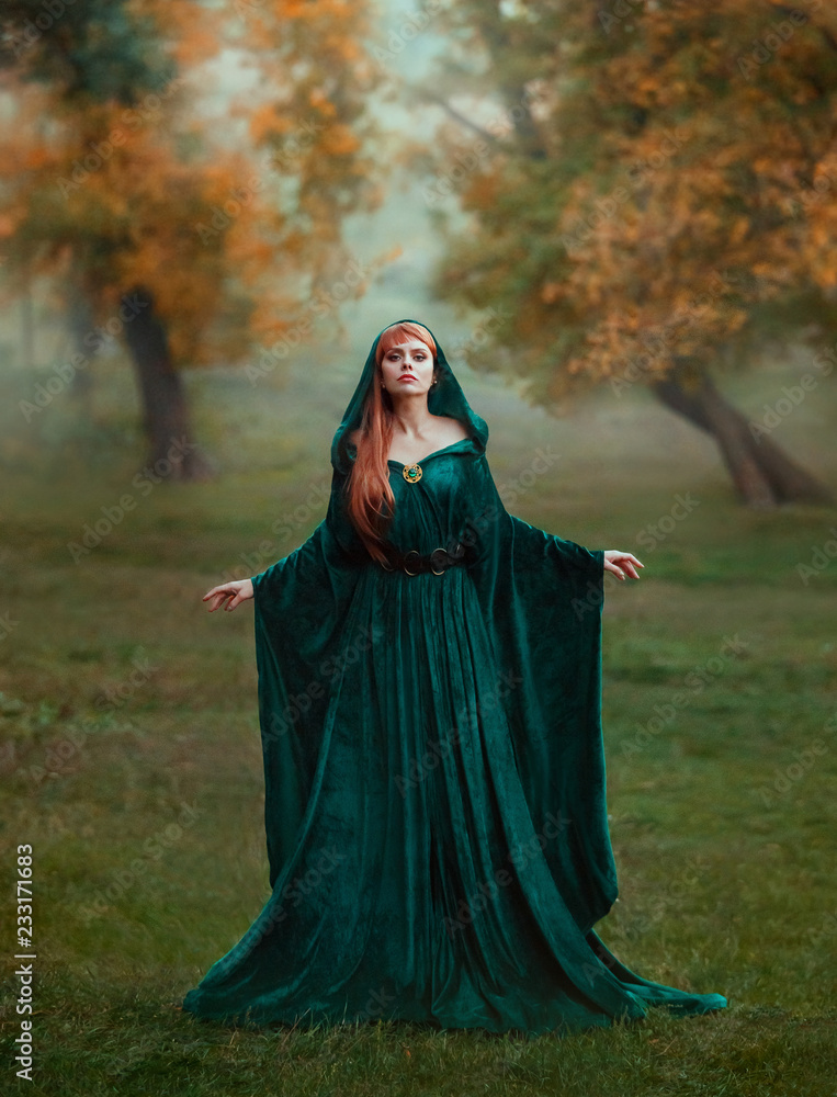 Fantasy woman in hood cape fashion model posing. Runaway princess. red ...