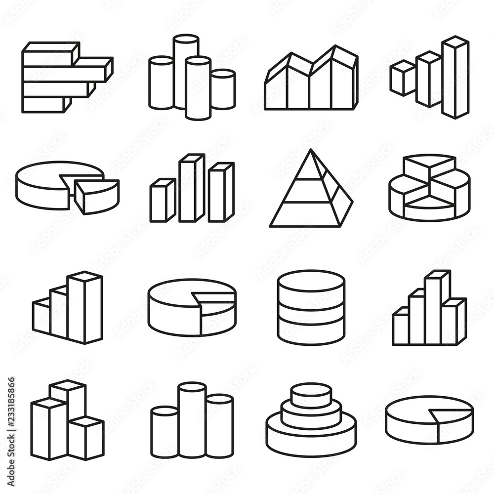 Set of financial icons line style. Bars, graph, chart, infographic ...