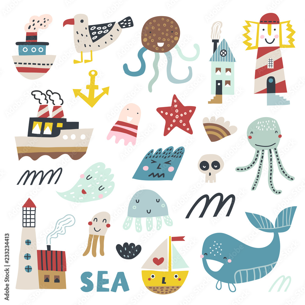 Cute sea objects collection. Vector illustration in cartoon style ...