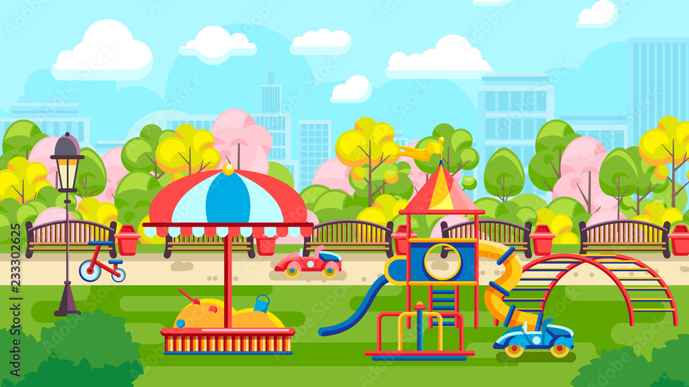 Colorful cartoon illustration with urban playground in modern park ...