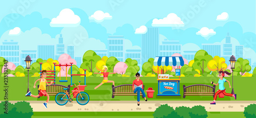 View of colorful cartoon park with people doing sports on urban ...