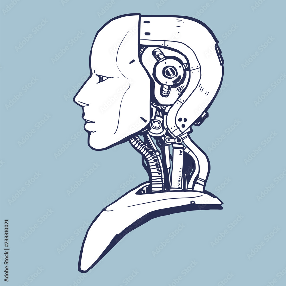 AI. Artificial Intelligence, futuristic robot hand-drawn sketch style ...