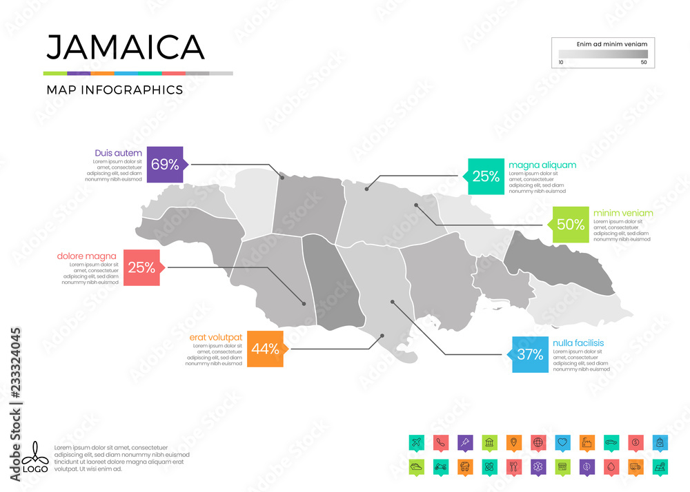 Jamaica map infographics with editable separated layers, zones ...