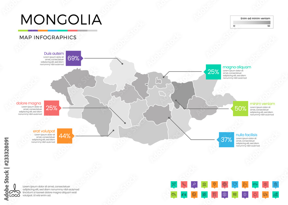Mongolia map infographics with editable separated layers, zones ...