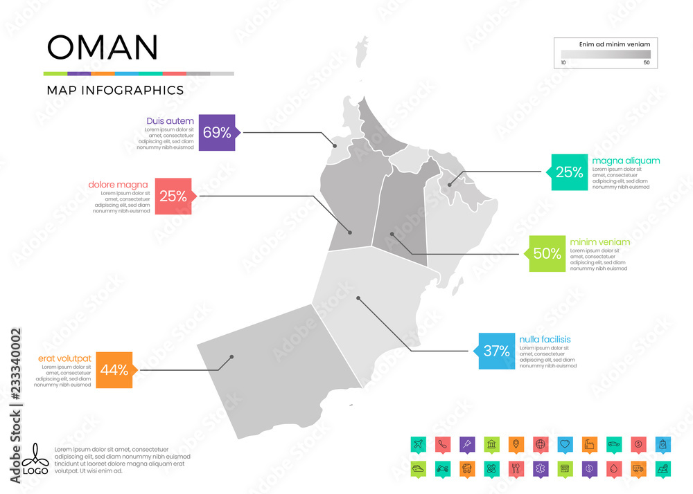 Oman map infographics with editable separated layers, zones, elements ...