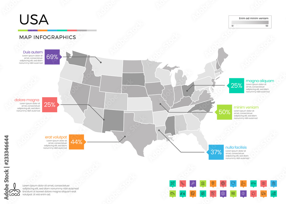 USA map infographics with editable separated layers, zones, elements ...