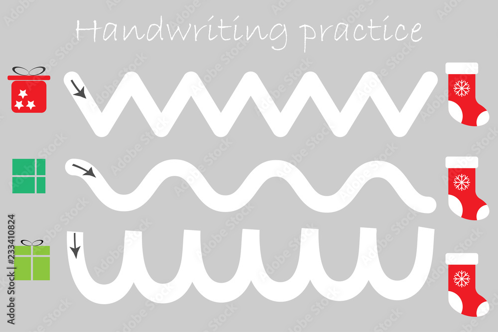 Handwriting practice sheet, christmas theme, gift boxes and xmas boots ...