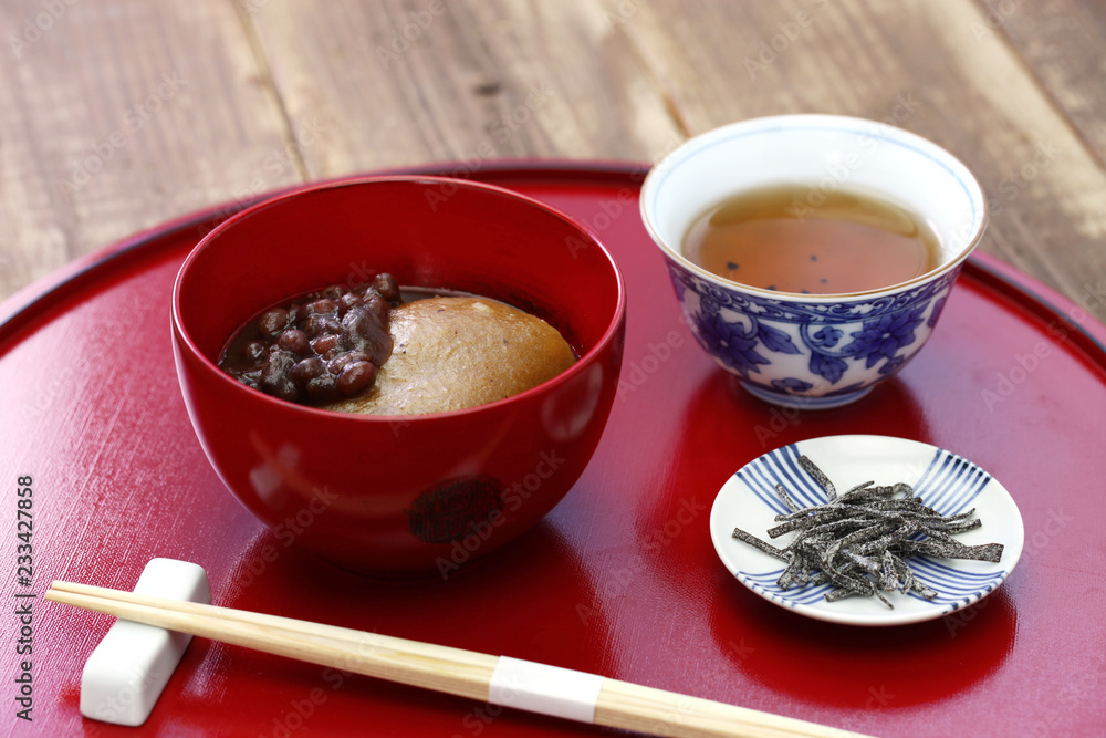 Tochi Mochi Zenzai, horse chestnuts rice cake with sweet simmered ...