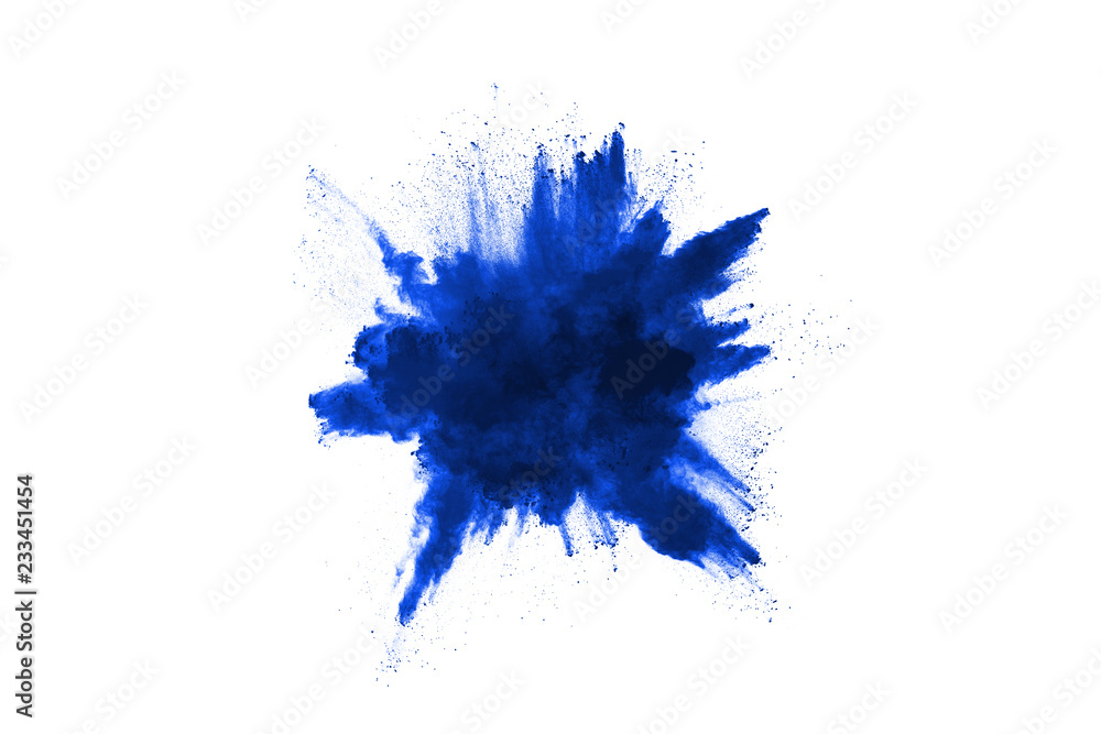 Blue powder explosion on white background. Colored cloud. Colorful dust ...