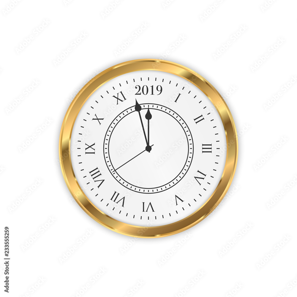 Image vectorielle Stock 2019 New Year golden clock. Round retro clock ...