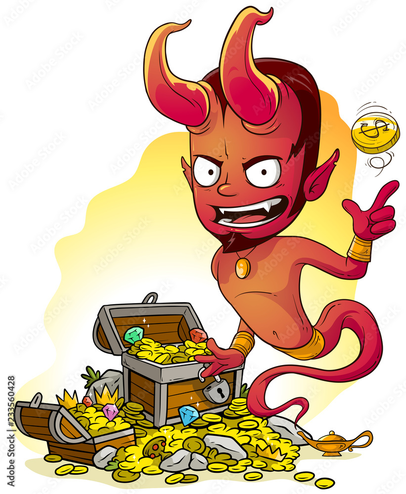 Cartoon red evil jinn with lamp and treasure chest Stock Vector | Adobe ...
