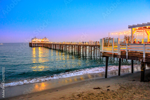 Scenic coastal landscape illuminated by night of Malibu Pier in Malibu ...