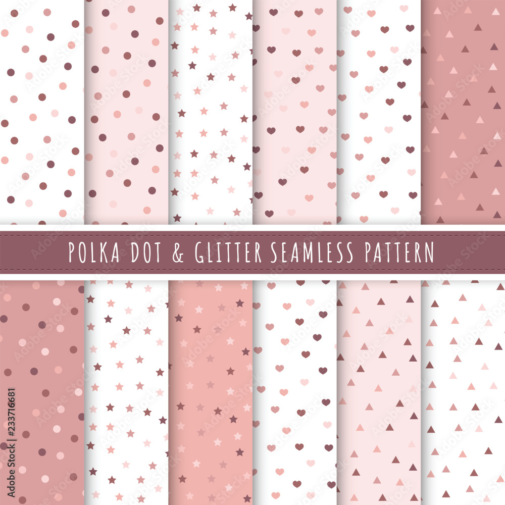 Rose gold polka dot and glitter seamless pattern collection. Set of 12 ...