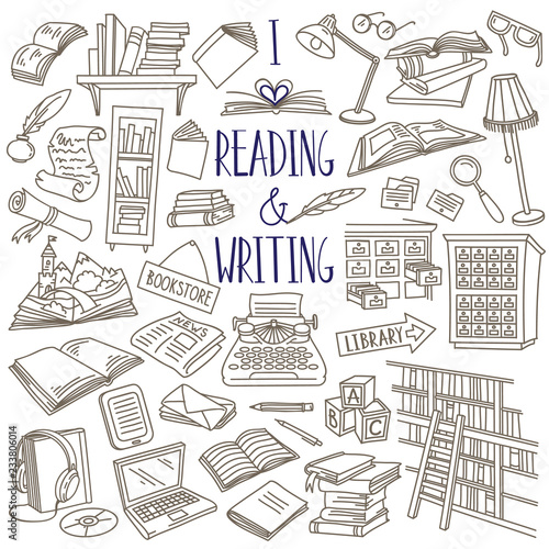 Reading and writing doodle set. Books, magazines, newspapers, letters ...