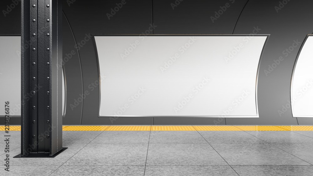 Blank horizontal big poster on the tube station. Billboard mockup in an underground / metro. 3D ...