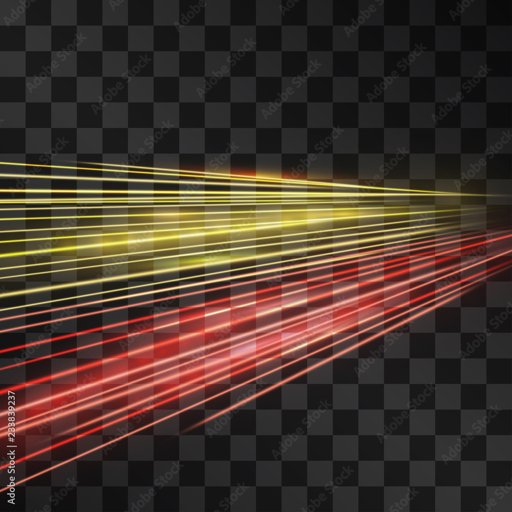 Vektor Stok Laser yellow and red glow vector speed flash. Motion effect ...