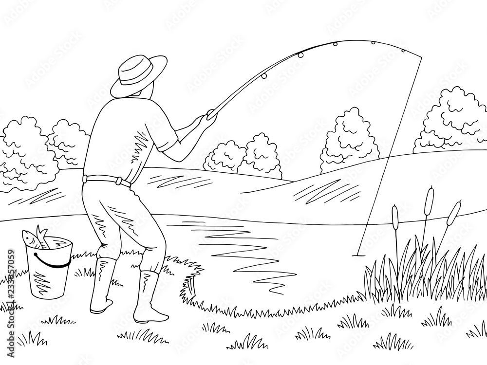 Man fishing graphic black white landscape sketch illustration vector ...
