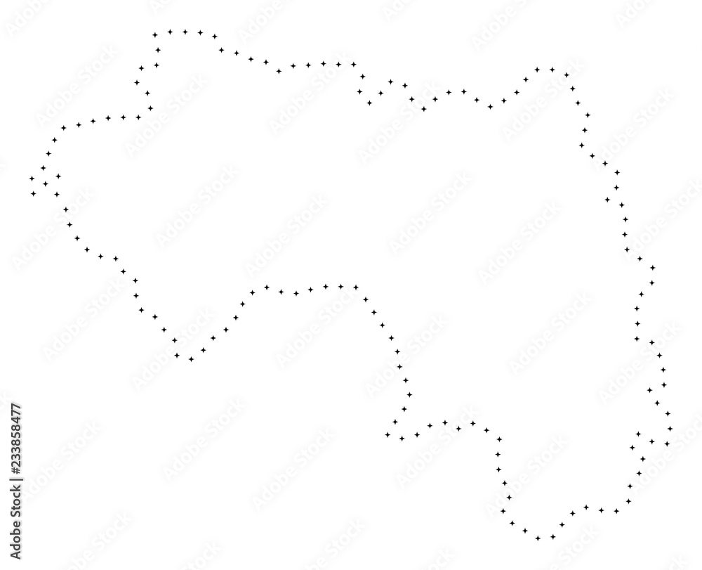 Vector stroke dot African Guinea map in black color, small border points have diamond shape ...