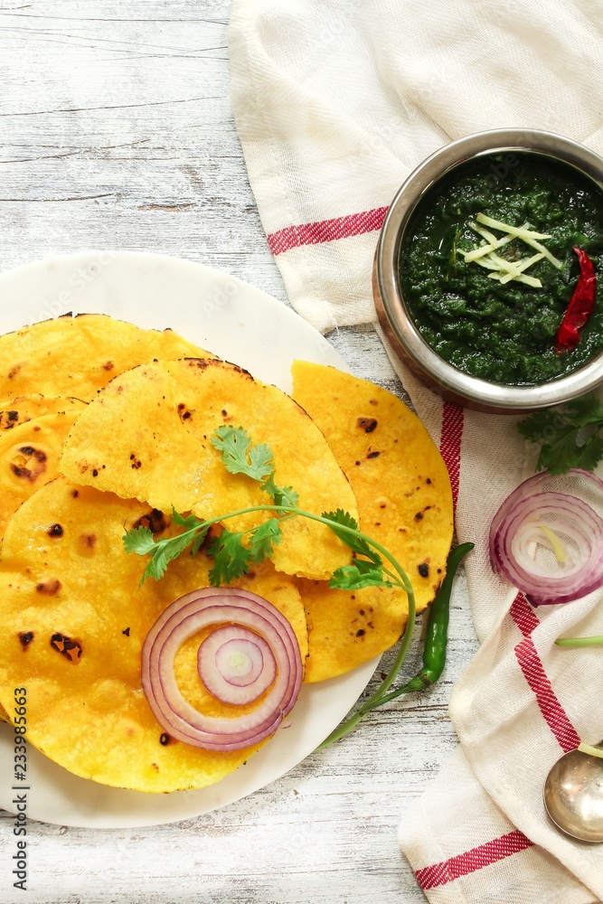 Sarson ka saag and Makki ki roti /Indian corn bread with mustard leaves ...