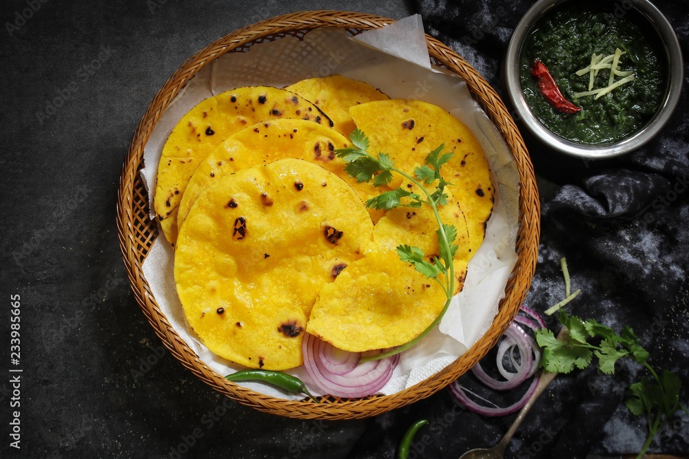 Sarson ka saag and Makki ki roti /Indian corn bread with mustard leaves ...