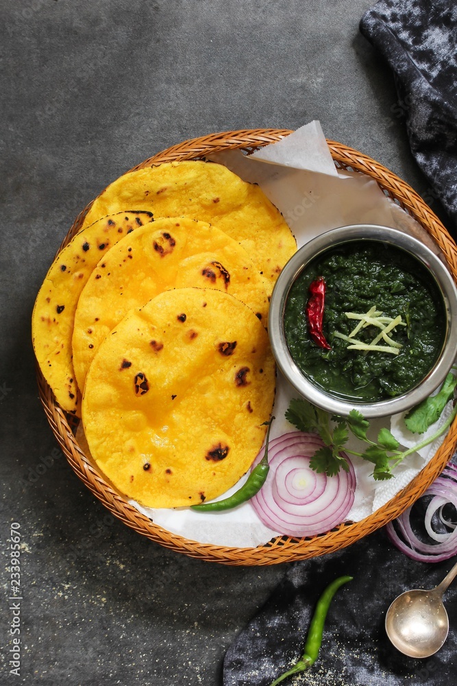 Sarson ka saag and Makki ki roti /Indian corn bread with mustard leaves ...
