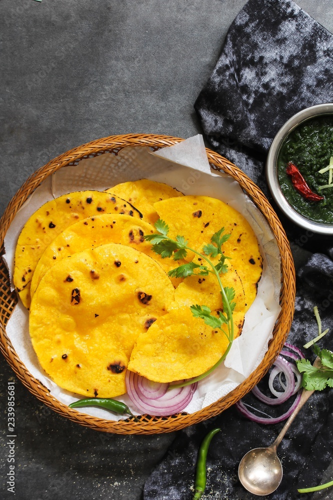 Sarson ka saag and Makki ki roti /Indian corn bread with mustard leaves ...