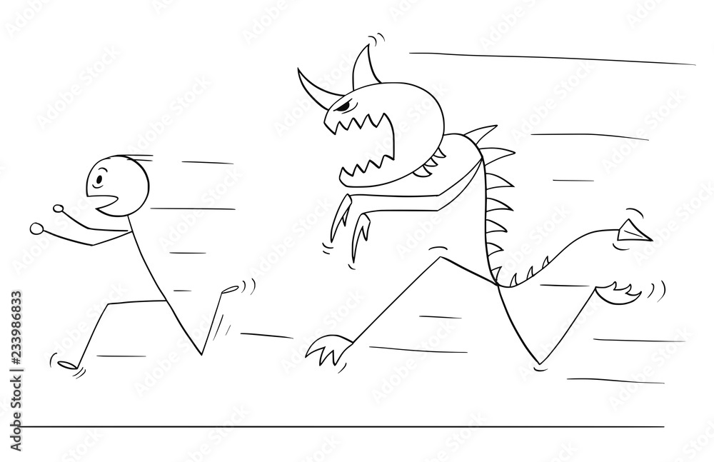 Cartoon stick drawing conceptual illustration of scared man running ...