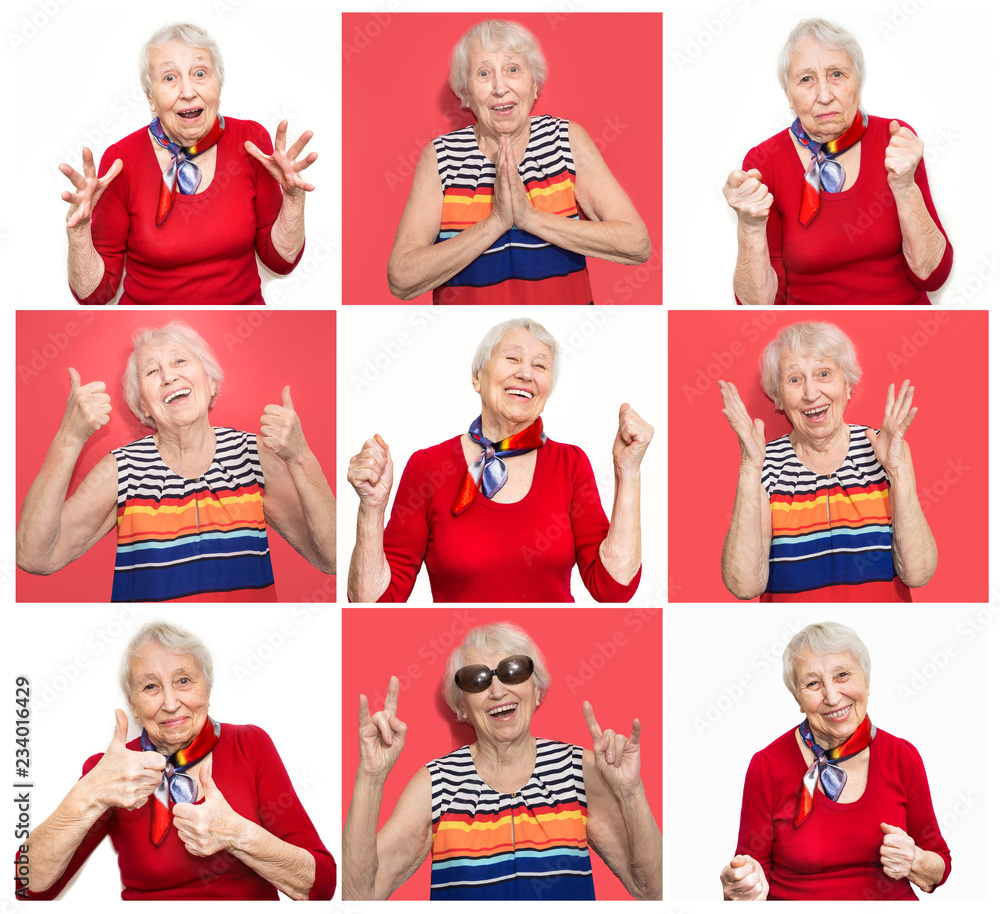 The collage from different emotions of senior woman. Old Woman with ...