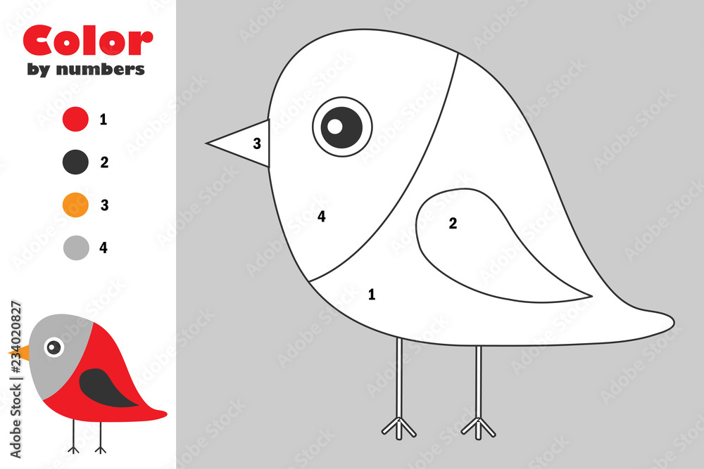 Bullfinch in cartoon style, color by number, christmas education paper ...