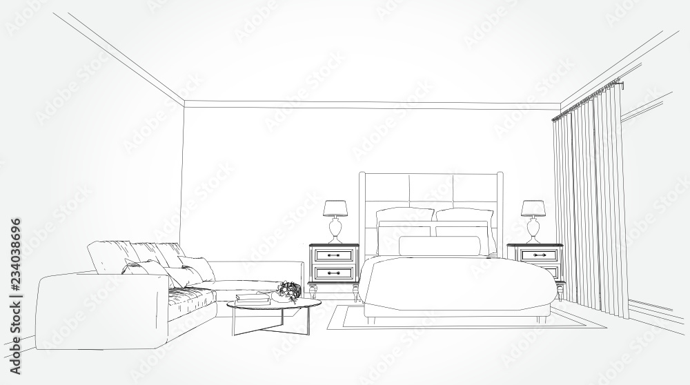 Linear sketch of an interior. Room plan. Sketch Line bedrooms. Vector ...