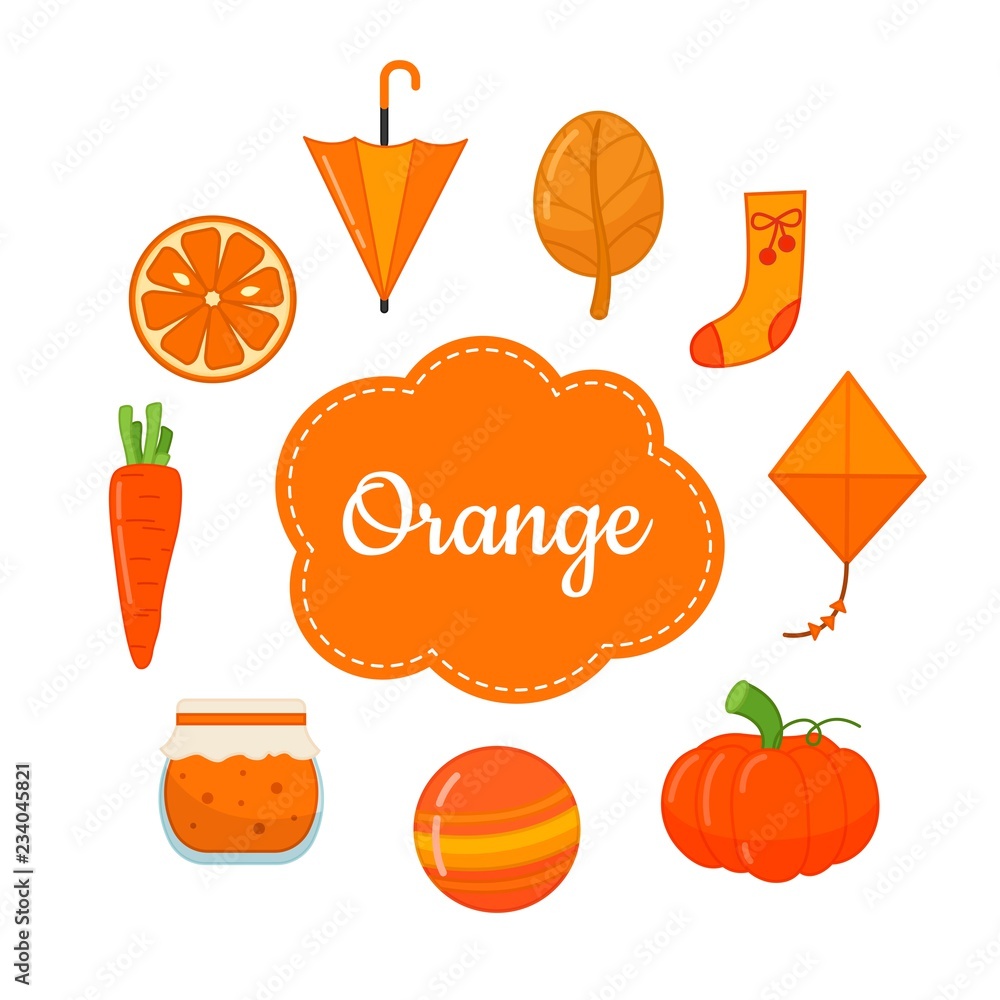 Learn the primary colors. Orange. Different objects in orange color ...