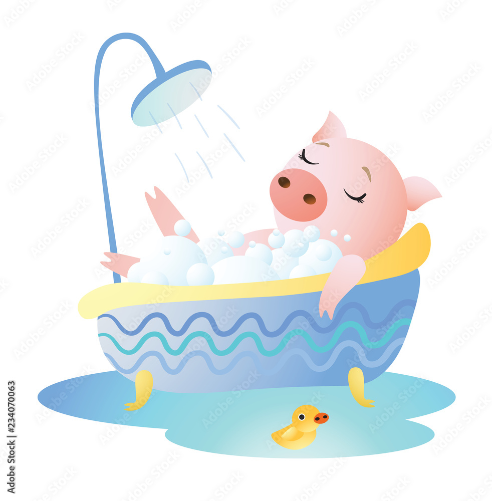 Aquarius. Zodiac symbol. Piggy taking a bath with foam and rubber duck ...