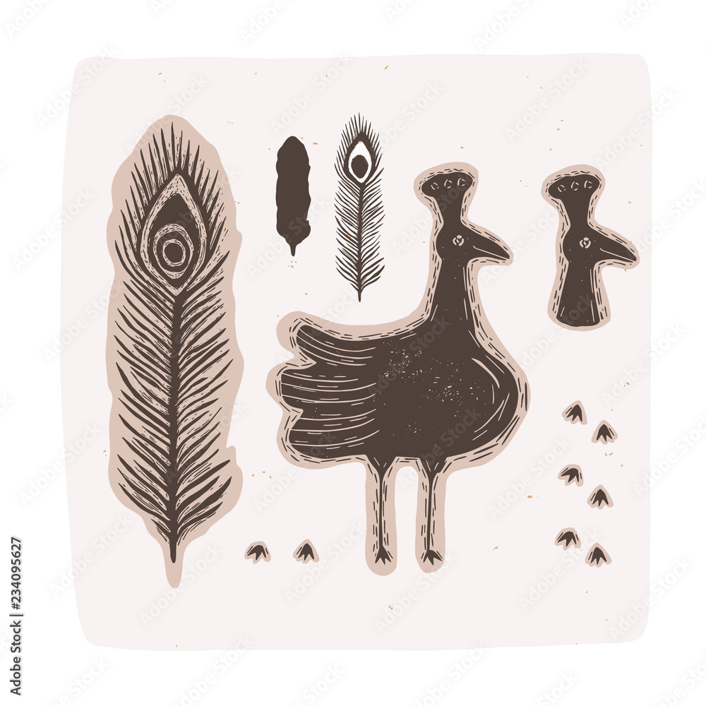 Rustic Linocut Peacock Feather Vector Element Illustration Set. Hand ...