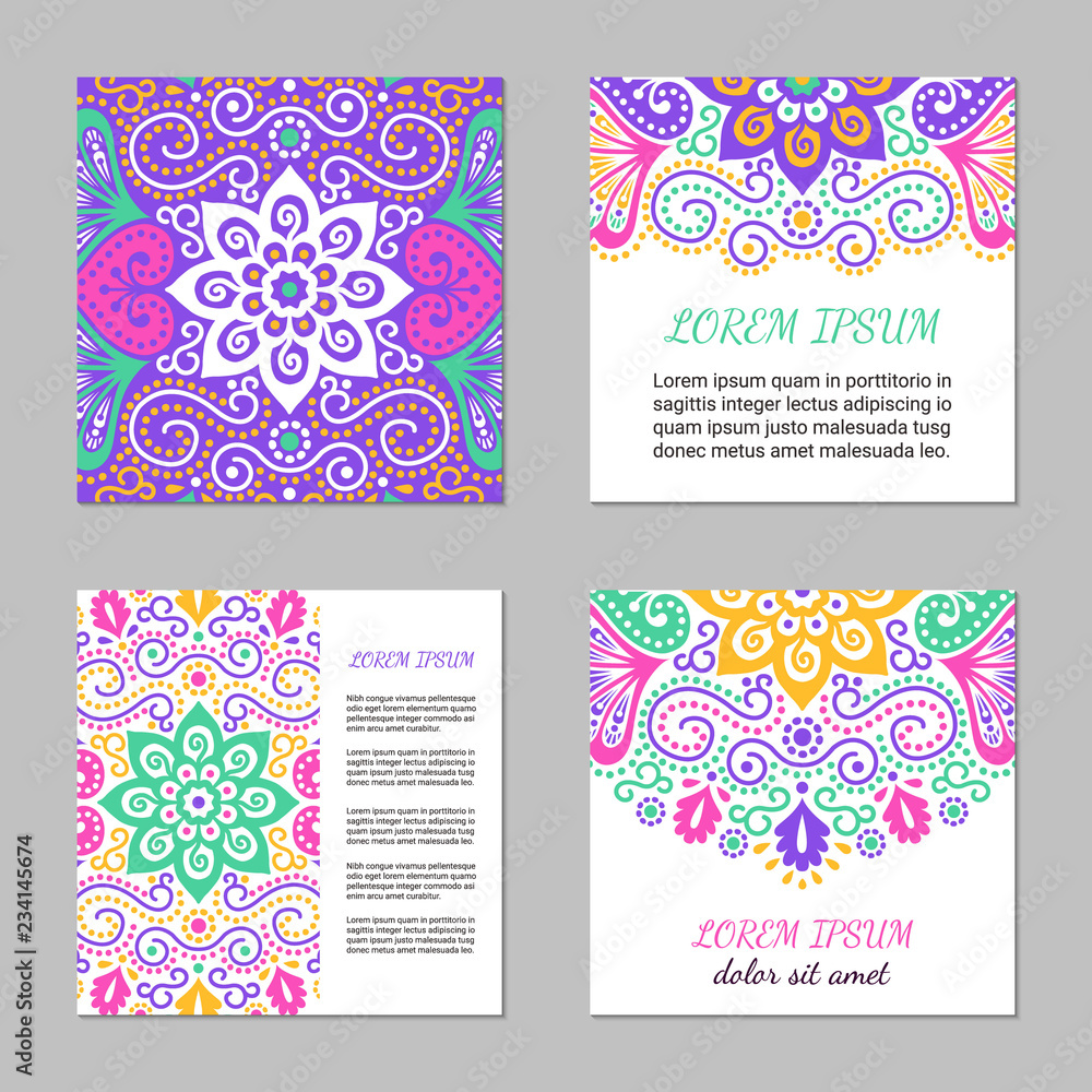 Indian style bright colorful mehendi ornament square cards. Front and ...