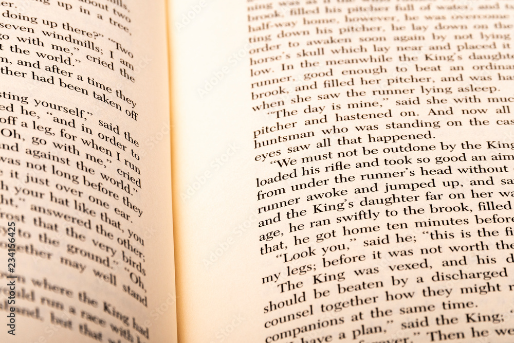 English words shown on two open book pages with selective depth of ...
