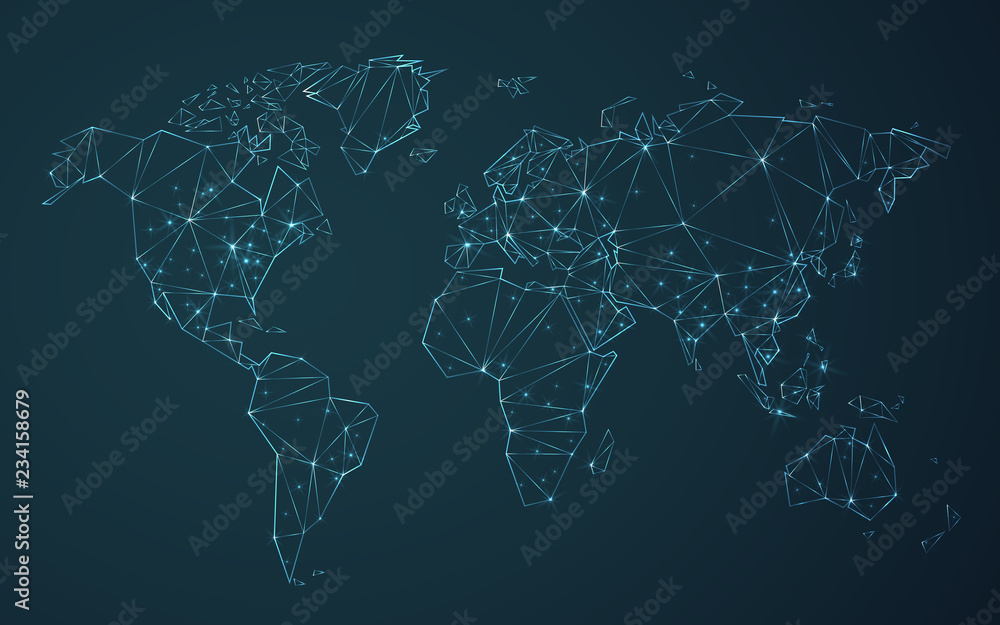 Polygonal world map vector simplified to triangular lines with stars on ...