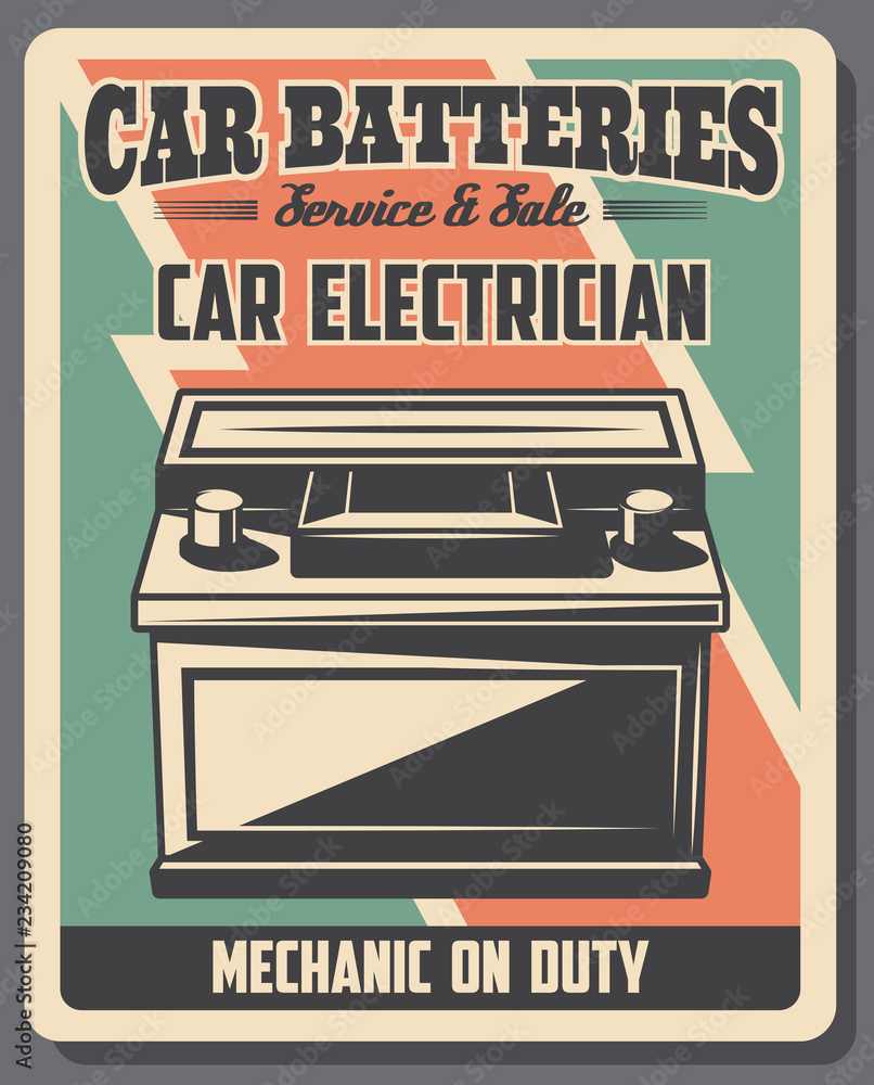 Car batteries service, vector retro poster Stock Vector | Adobe Stock
