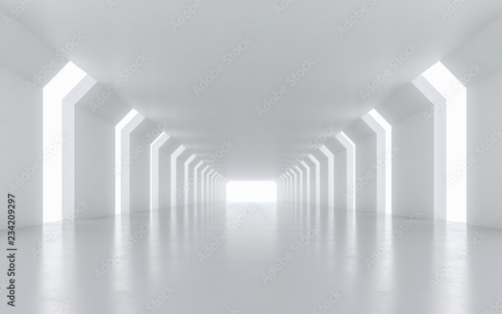 Illuminated corridor interior design. 3D rendering. Stock Illustration ...