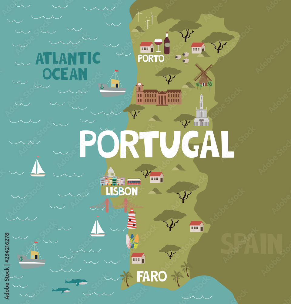 Illustration map of Portugal with city, landmarks and nature. Editable ...