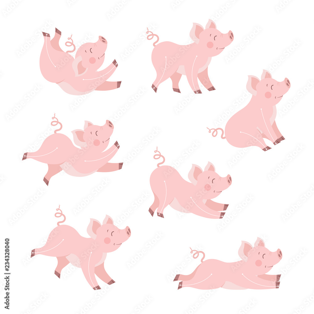 Cute pig animation set cartoon vector illustration. Happy piggy in ...