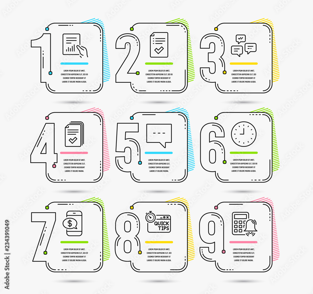 Infographic timeline set of Document, Blog and Approved checklist icons. Quick tips, Clock and ...