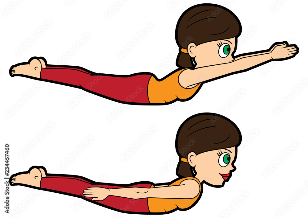 Yoga asana set locust pose/ Illustration cartoon girl doing ...
