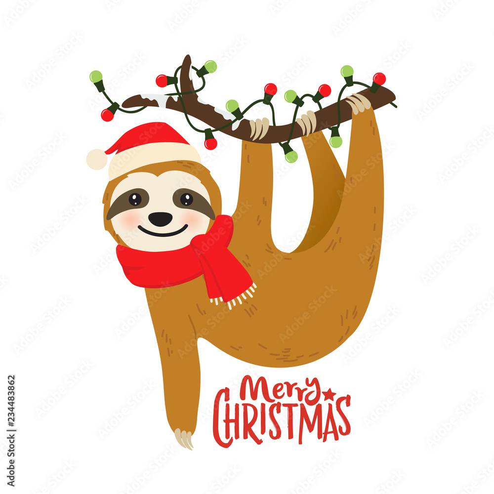 Cute cartoon sloth vector graphic design for Christmas holiday. Merry ...