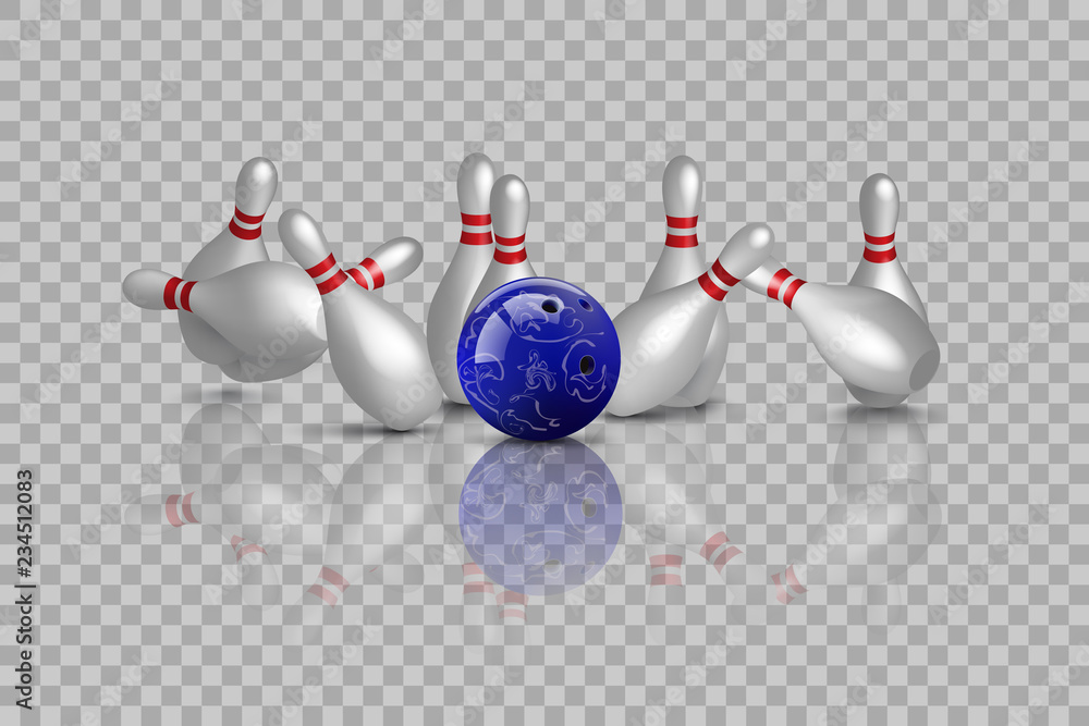 Bowling strike with mirror reflection isolated on transparent ...
