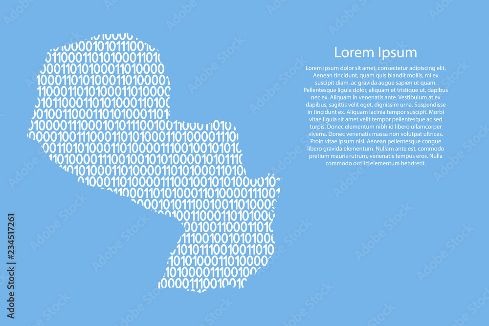 Paraguay map abstract schematic from white ones and zeros binary digital code on light blue ...