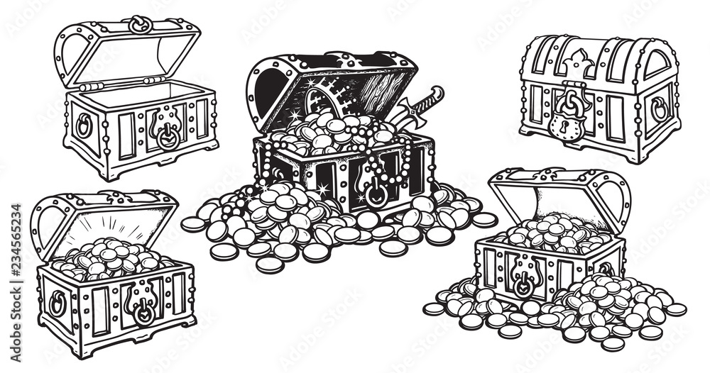 Set of pirate treasure chests in sketch style open and closed, empty ...