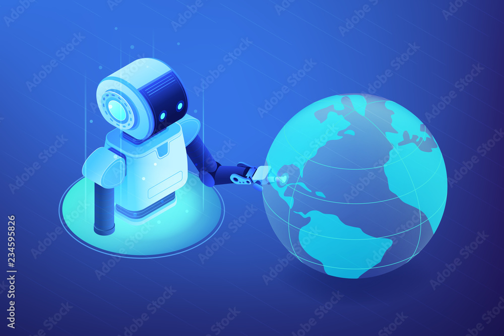 Huge robot touching Earth globe with finger. Robotics network ...