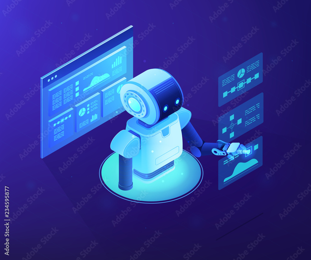 Modern robot working with analytics data pie charts and graphs. Bot marketing, automated data ...